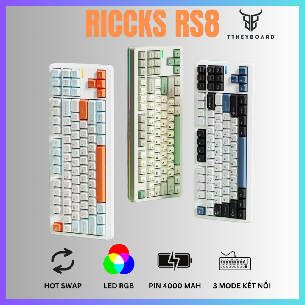 [Hỏa Tốc] Bàn Phím Cơ Riccks RS8 | 3 Mode| Led Viền| Keymap VIA/QMK| Hotswap Mạch Xuôi| Led RGB ...