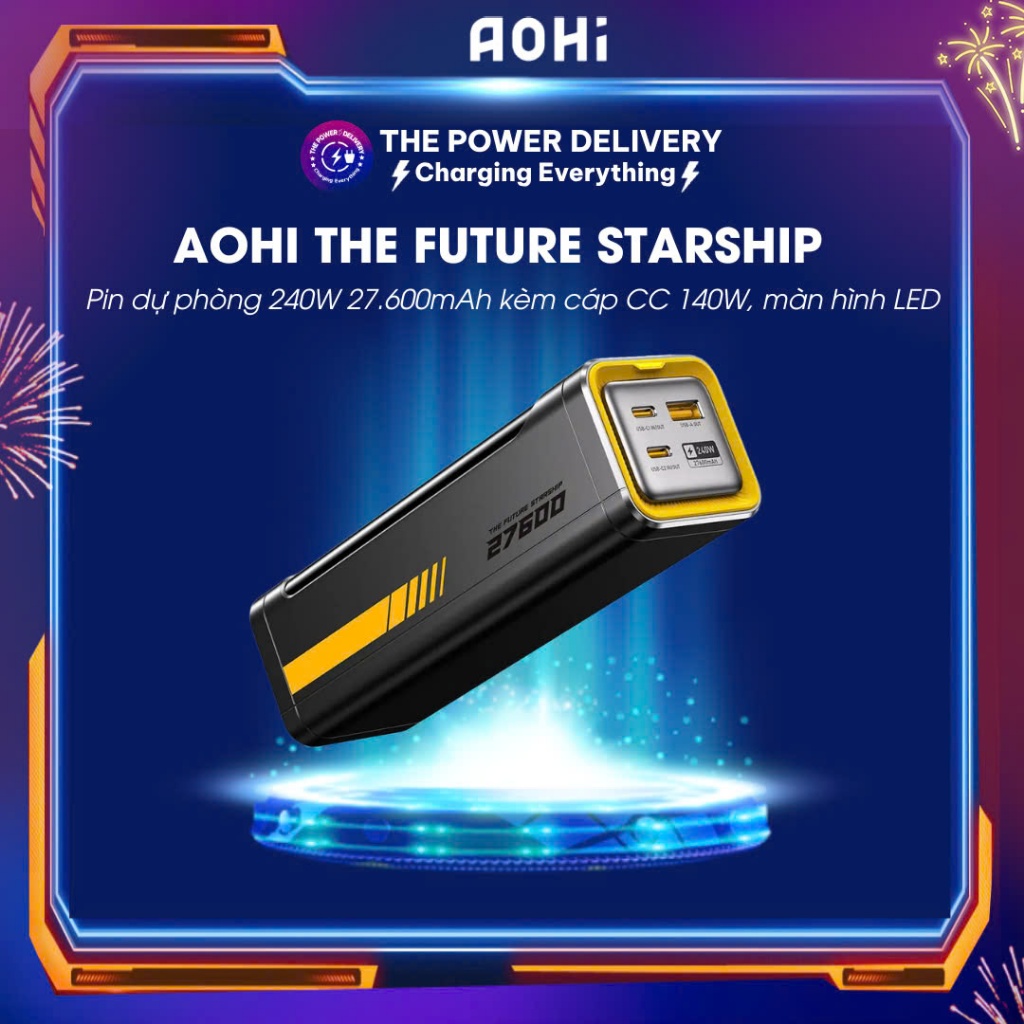 Pin dự phòng AOHI The Future Starship 240W 27.600mAh kèm cáp CC 140W, tích hợp màn hình LED ...