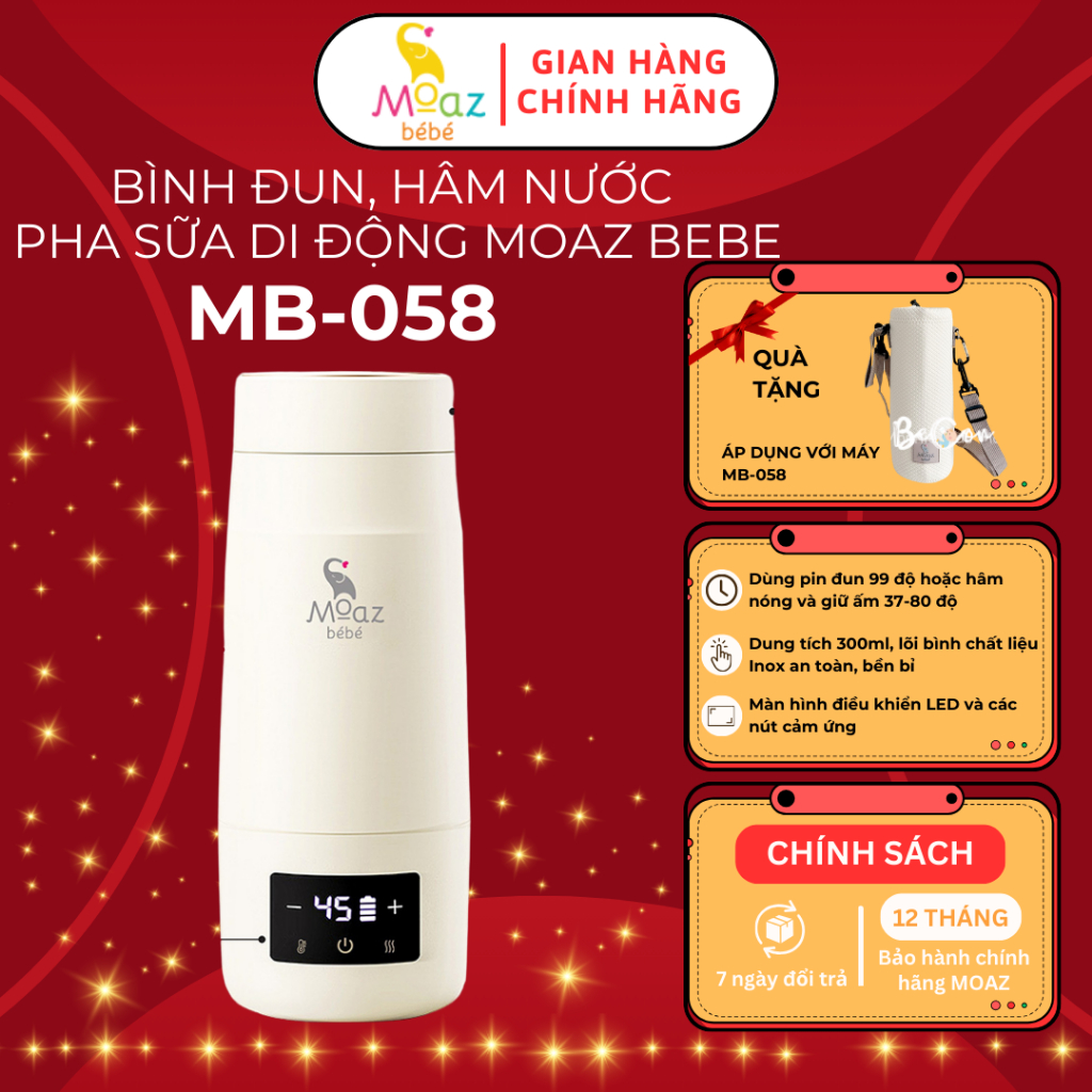 Bình đun nước pha sữa di động Moaz BeBe MB058 giữ nhiệt từ 40-80 độ có pin tích điện, thể tích ...