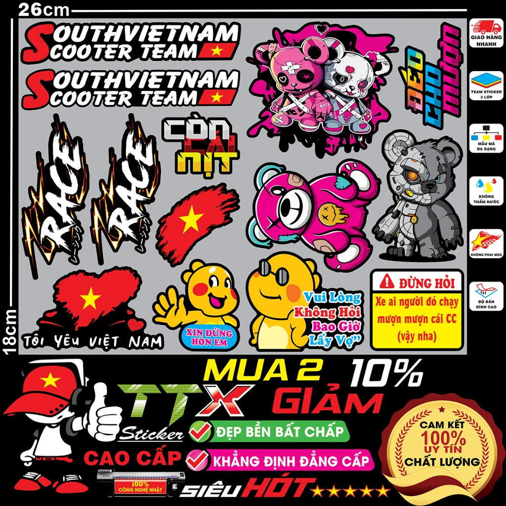 tem dán xe điện chữ race gấu quỷ bạo lực siêu hót trend - team sticker ...