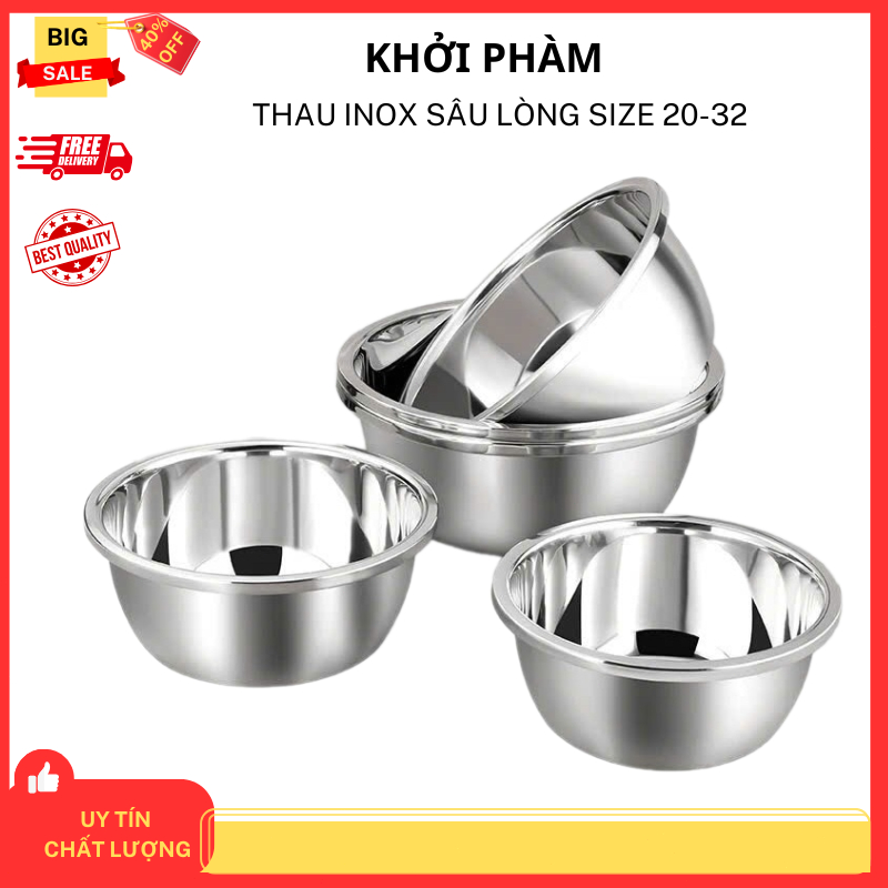 Thau inox sâu lòng KHỞI PHÀM KP-TLG20-32CM,thau trộn bột,chậu rửa inox cao cấp dày có viền cầm ...