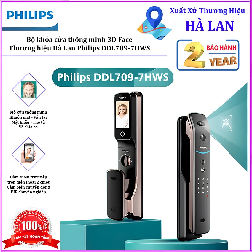 Bộ khóa cửa thông minh khuôn mặt 3D Face, vân tay, thẻ từ, mật khẩu và chìa cơ Philips DDL709 ...