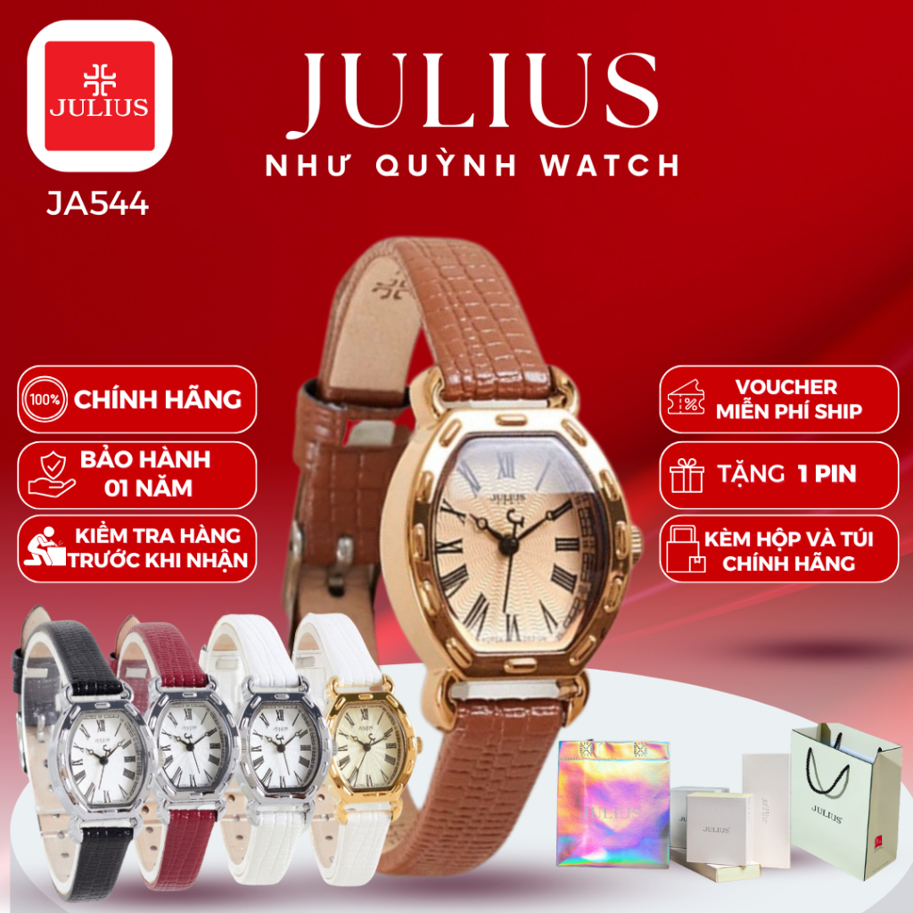 Đồng hồ nữ Julius Hàn Quốc JA-544 Mặt size 2,5 x 2,1cm dây da 5 màu (nâu, đỏ, trắng, trắng mặt ...