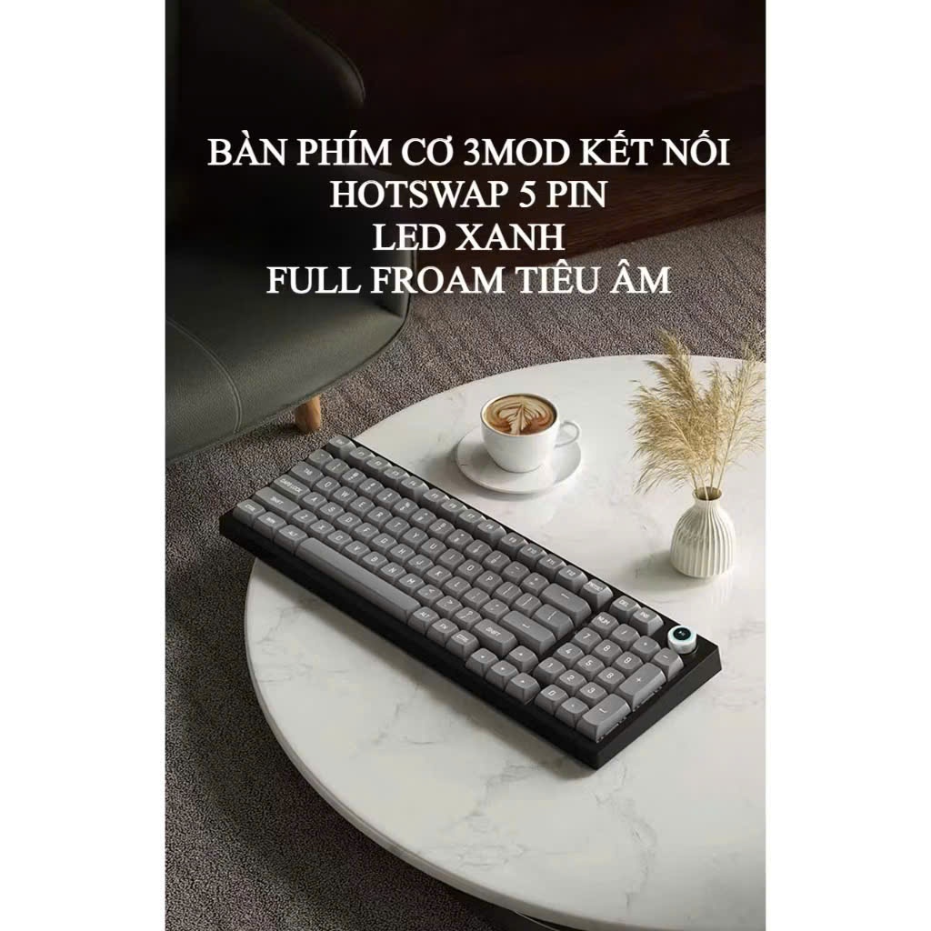 Bàn phím cơ K23-98 có 3 mode kết nối, hot swap socket 5 pin, antigos full phím, led xanh 17 hiệu ...