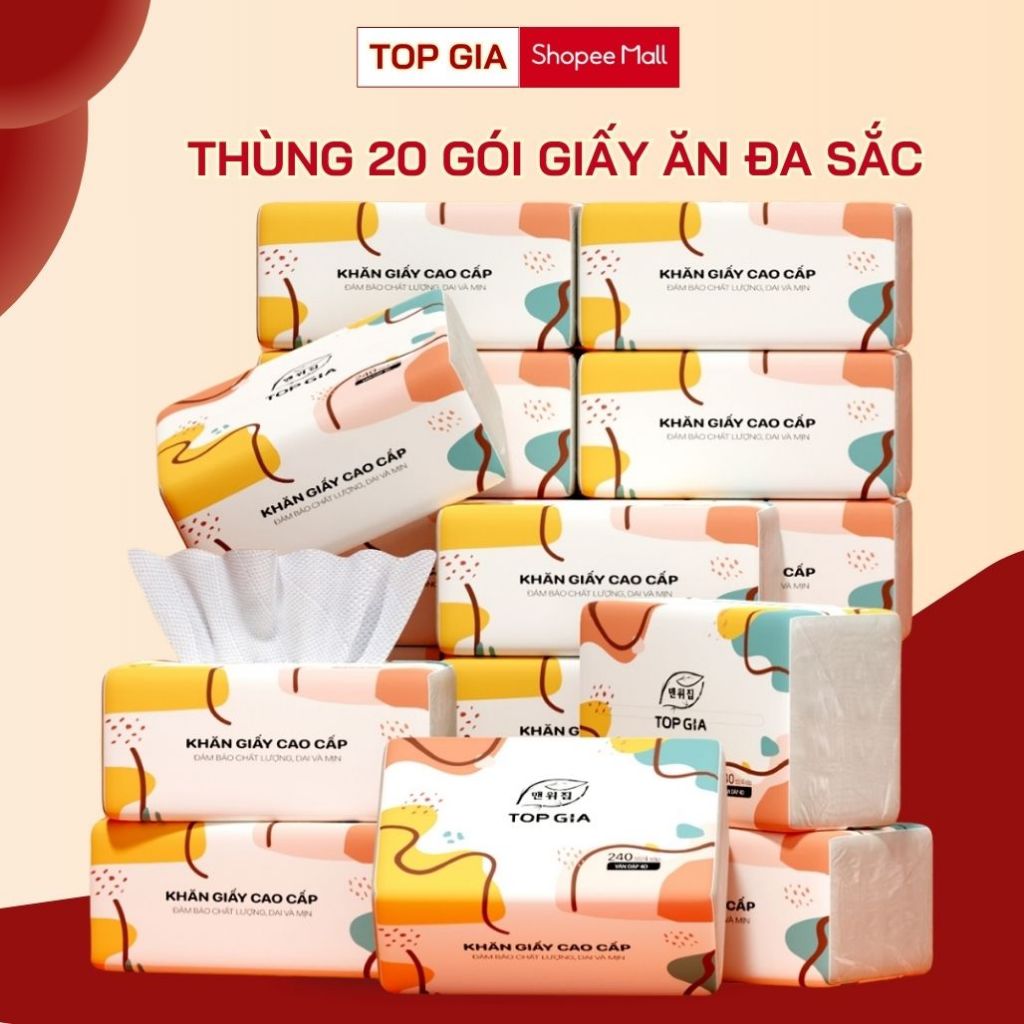 Giấy ăn rút Topgia thùng 20 gói đa sắc cao cấp 240 tờ 4 lớp, dập vân 4D ...