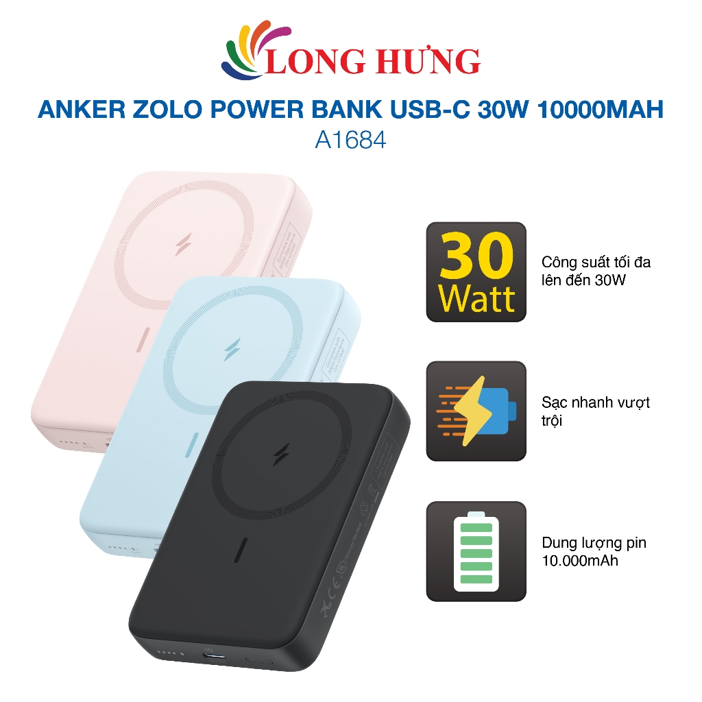 Sạc dự phòng từ tính không dây Anker Zolo Power Bank USB-C 30W 10000mAh A1684 - Hàng chính hãng ...