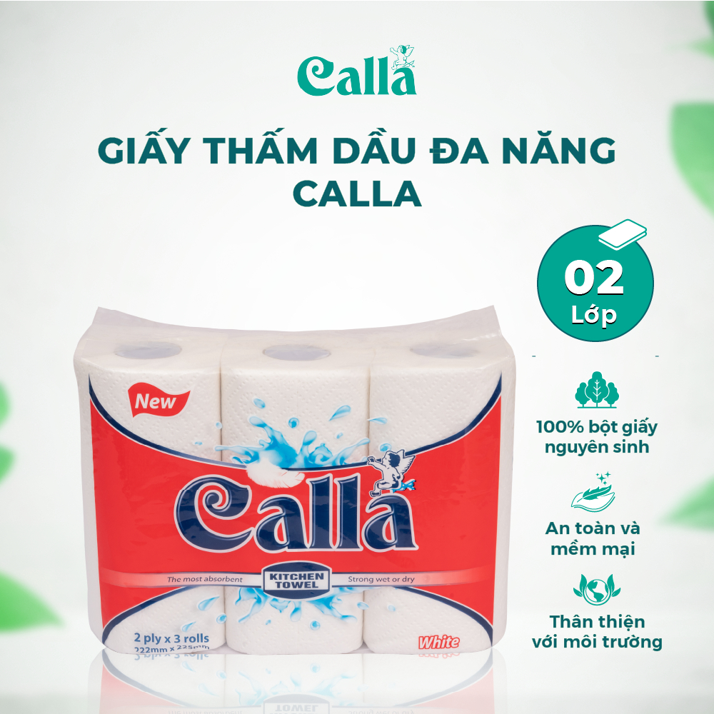 Giấy bếp Calla 2 lớp x 67 tờ x 3 cuộn siêu dày dai, không mủn, thấm dầu ...