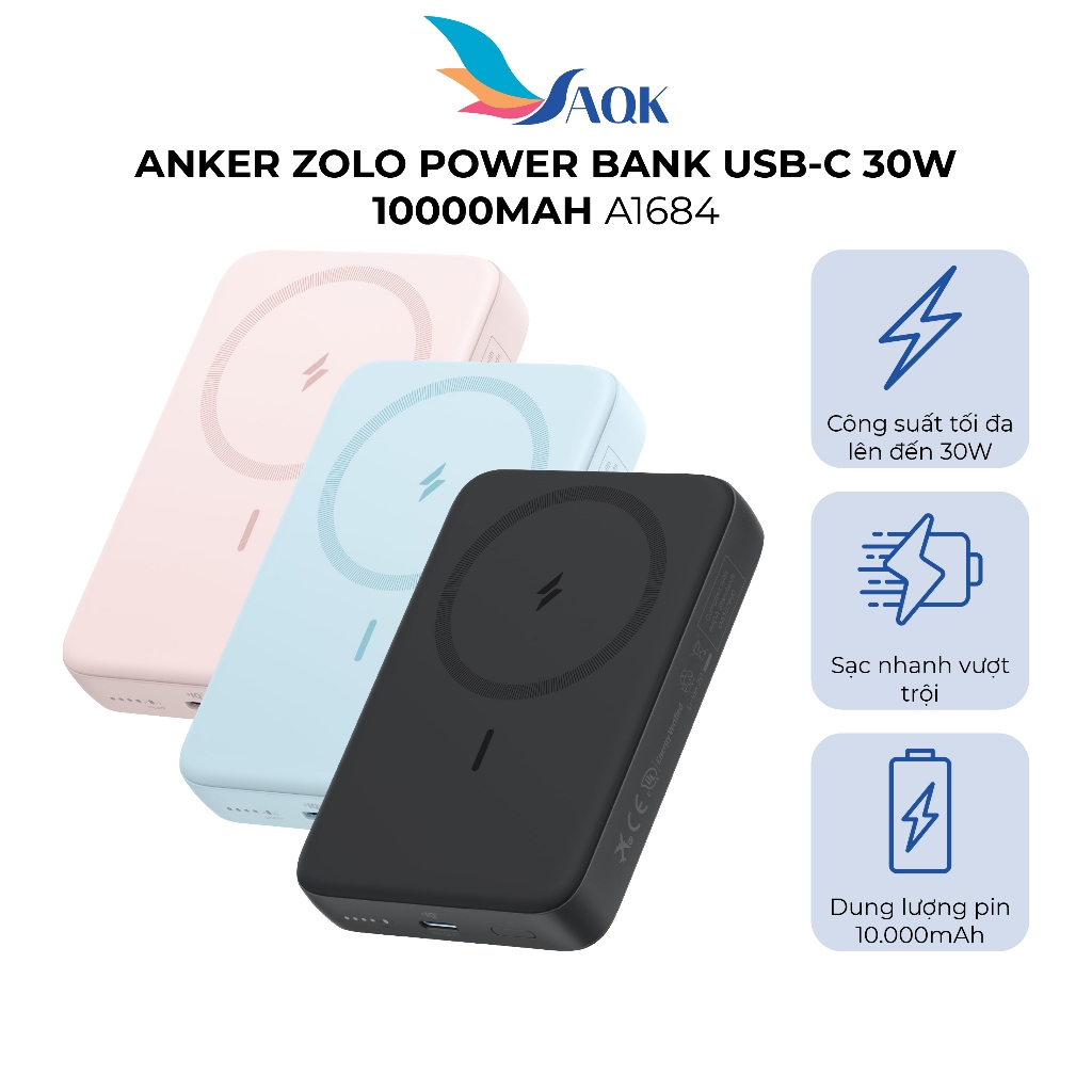 Sạc dự phòng từ tính không dây Anker Zolo Power Bank USB-C 30W 10000mAh A1684 - Hàng chính hãng ...