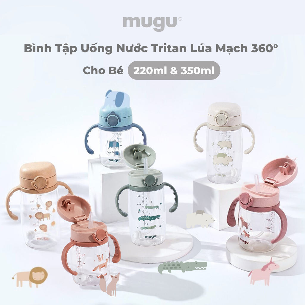 Bình Tập Uống Nước MOOIMOMxMUGU 360 độ, van chống sặc và tay cầm cho bé tập uống nước 220ml ...