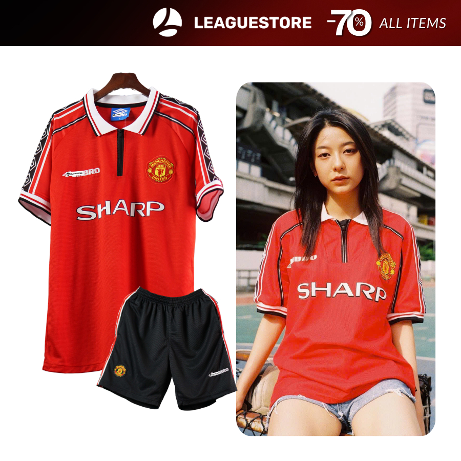 Bộ retro MU 1998/99 Leaguestore - bộ quần áo đá màu đỏ quần đen cổ bẻ ...