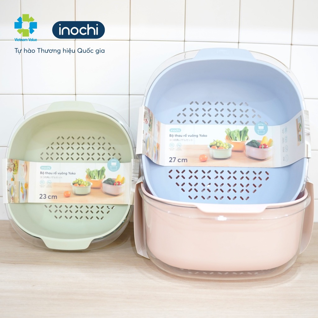 Bộ thau rổ nhựa vuông 23cm, 27cm hai lớp đựng trái cây, rau củ INOCHI ...