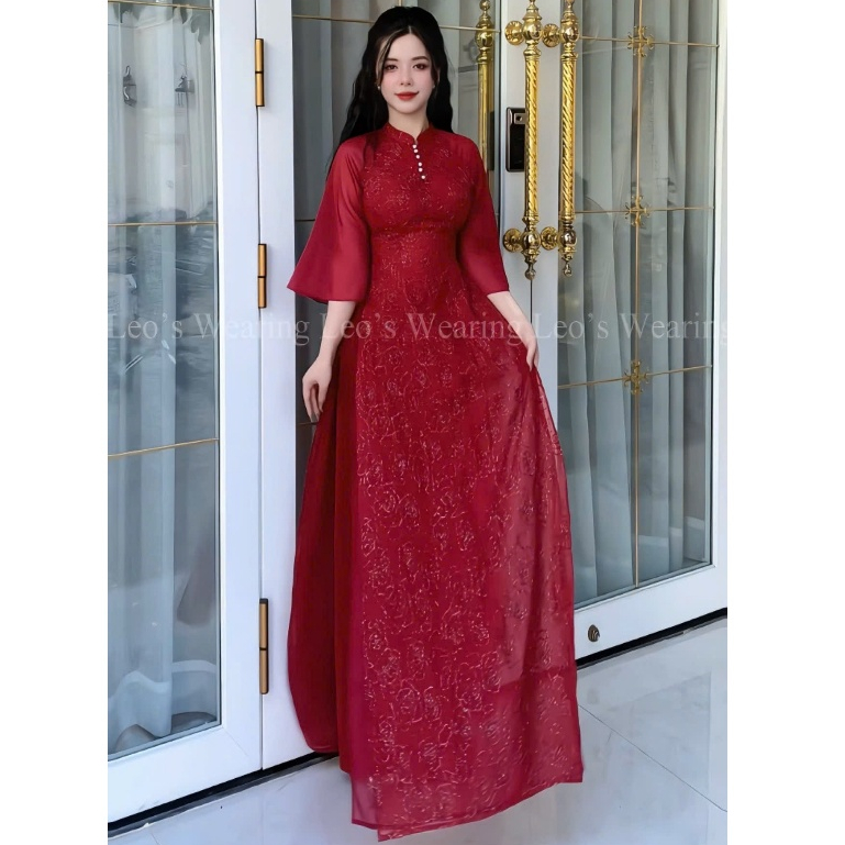 DA65 LEOSWEARING set áo dài đỏ đô cách tân 4 tà | Shopee Việt Nam