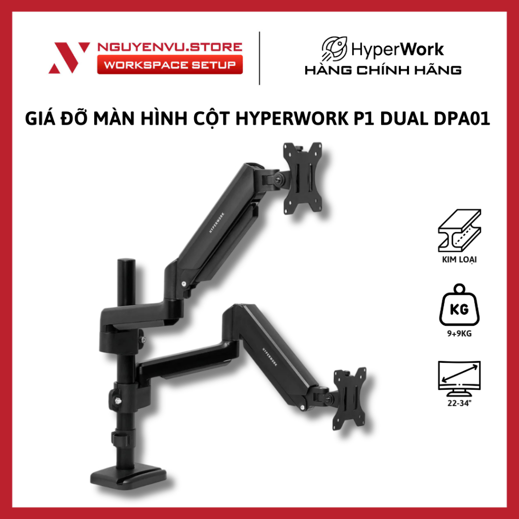 Giá đỡ màn hình cột HyperWork P1 Dual DPA01 V2025 - Phù hợp màn 22-34 ...