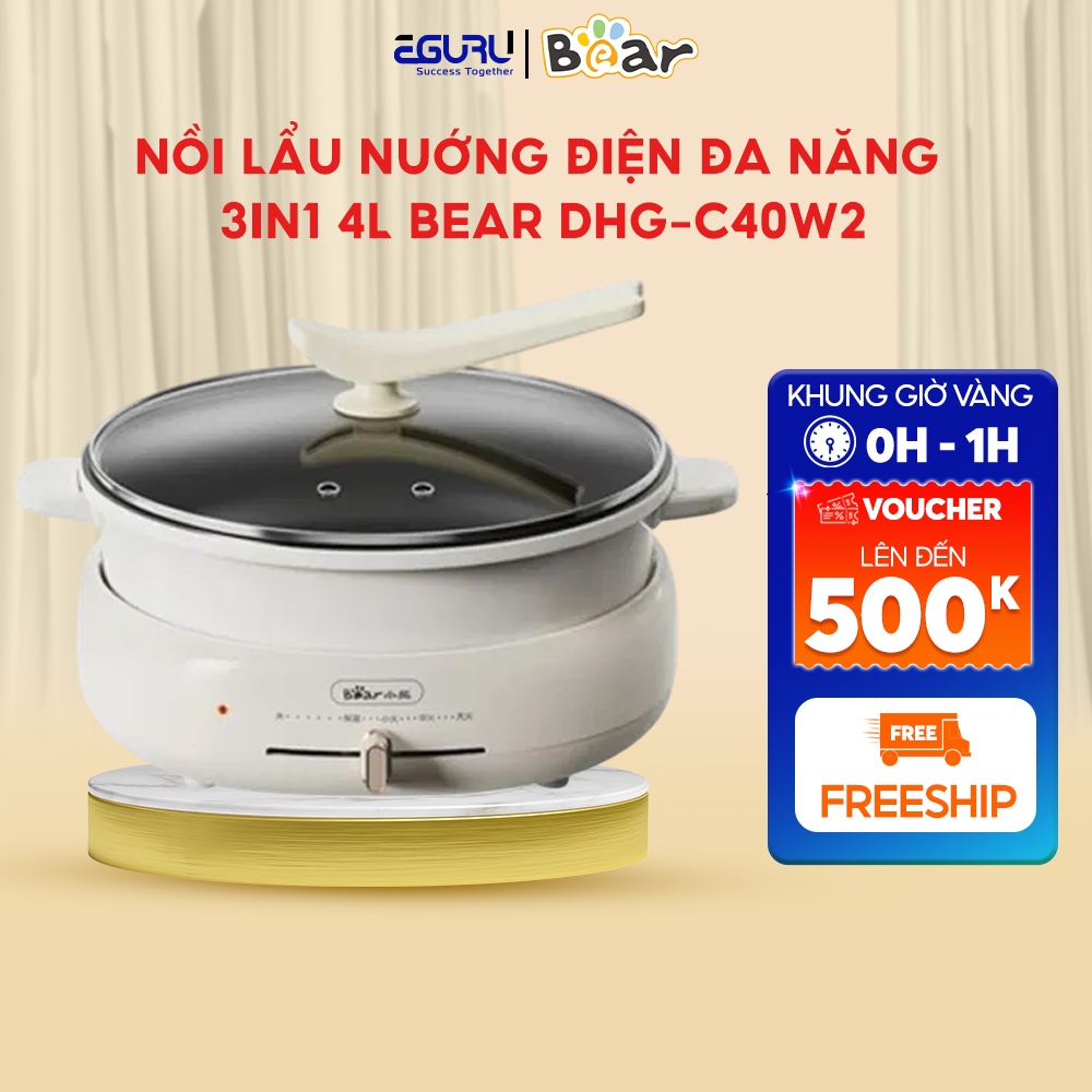 Nồi Lẩu Nướng Bear 3 Khay 3 in 1 DHG-C40W2 4L 1500W- Lẩu Nướng Hấp Xào- Chống Dính- BH 18 Tháng ...