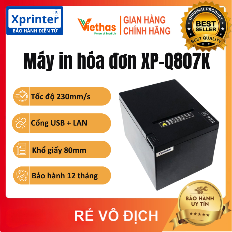 Máy in hóa đơn K80 Xprinter XP-Q807K cổng USB + LAN, in bill bán hàng trên điện thoại và máy ...