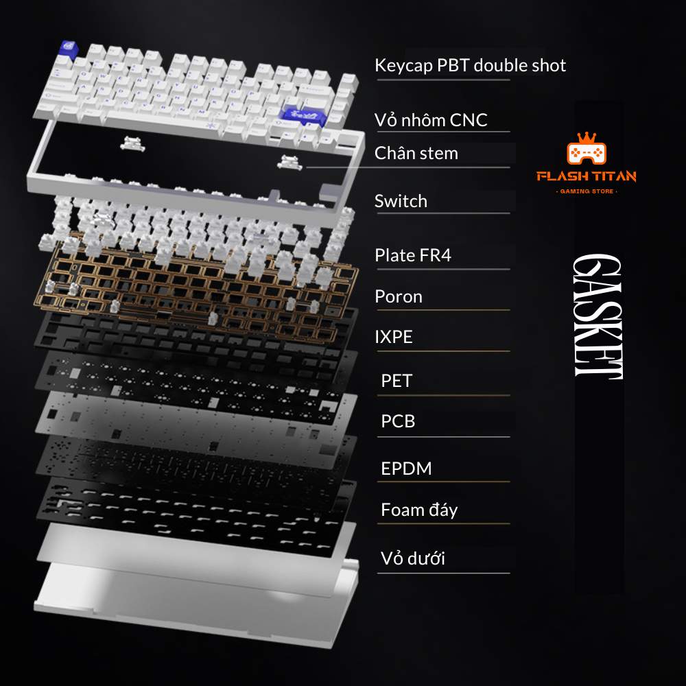 Bàn Phím Cơ Không Dây Weikav D75 - Led RGB Mạch Xuôi - Keycap PBT Double shot - Vỏ nhôm CNC ...