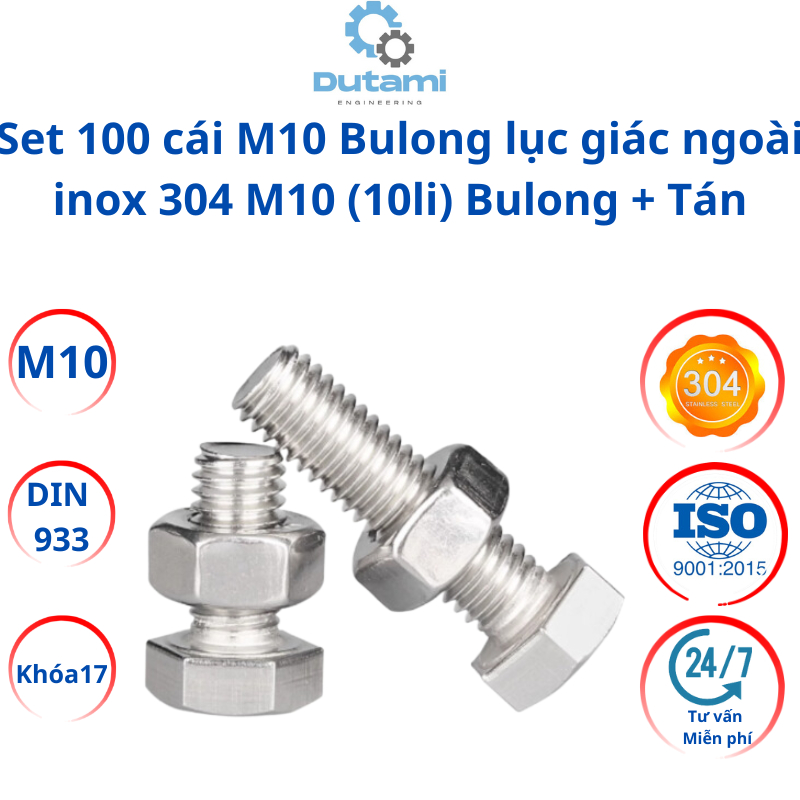 Set 100 cái M10 Bulong lục giác ngoài inox 304 M10 (10li) Bulong + Tán ...