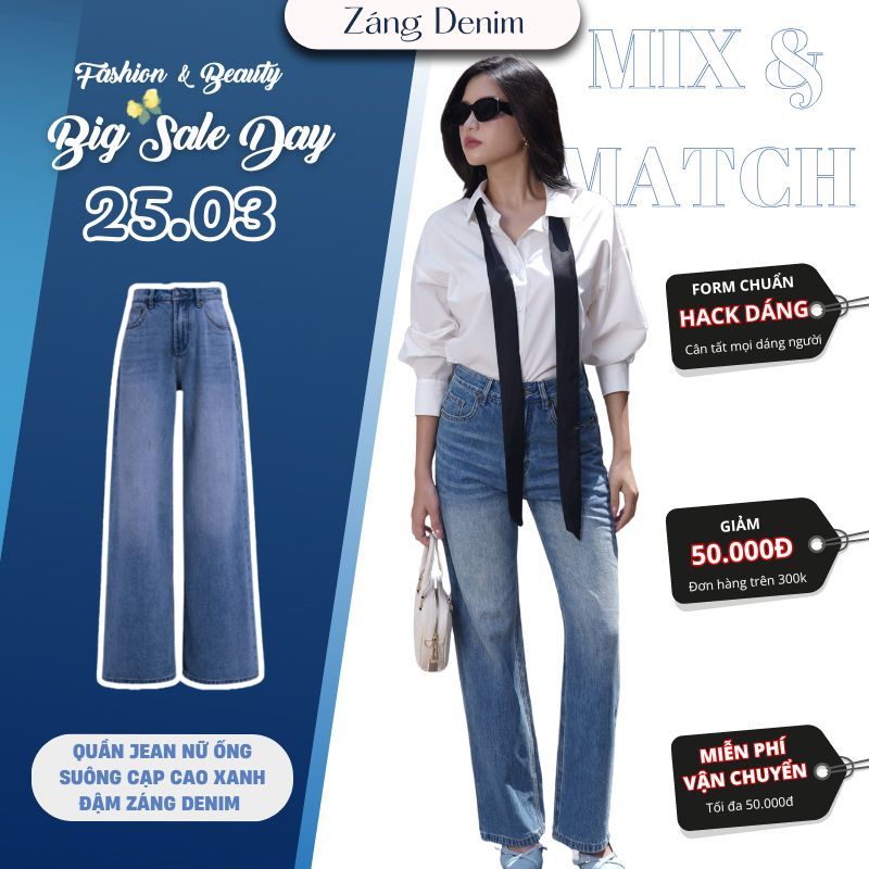 [FORM CHUẨN] Quần jean nữ ống suông cạp cao xanh đậm tôn dáng thon gọn ...