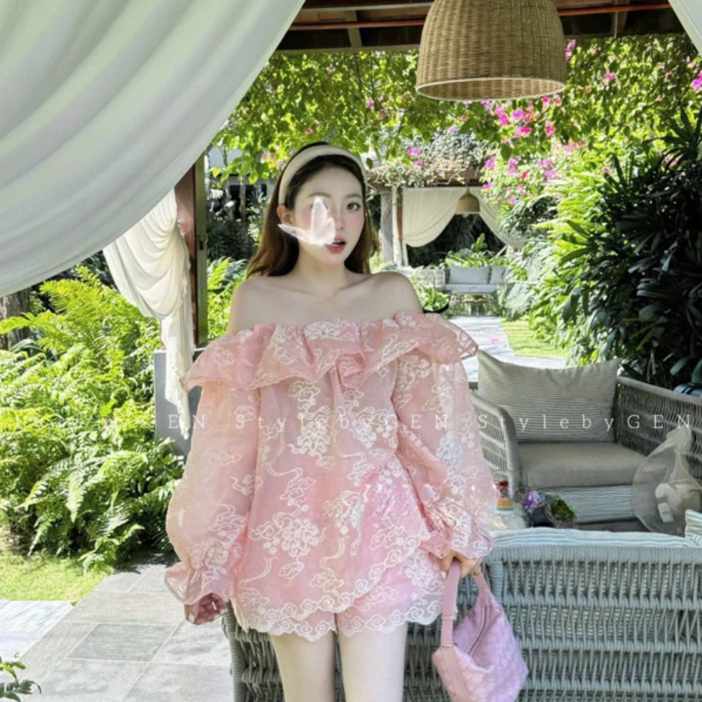 Set bộ áo hoa tơ trể vai tay bồng phối bèo mix quần sooc tiểu thư dễ ...
