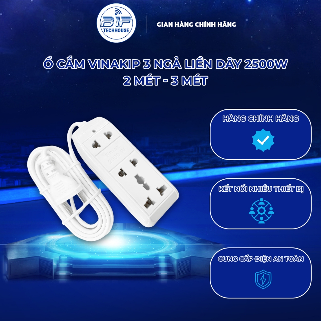 Ổ Cắm Điện Vinakip 3 Ngả Liền Dây 2500W Dài 2m - 3m | Chính Hãng | B1F ...
