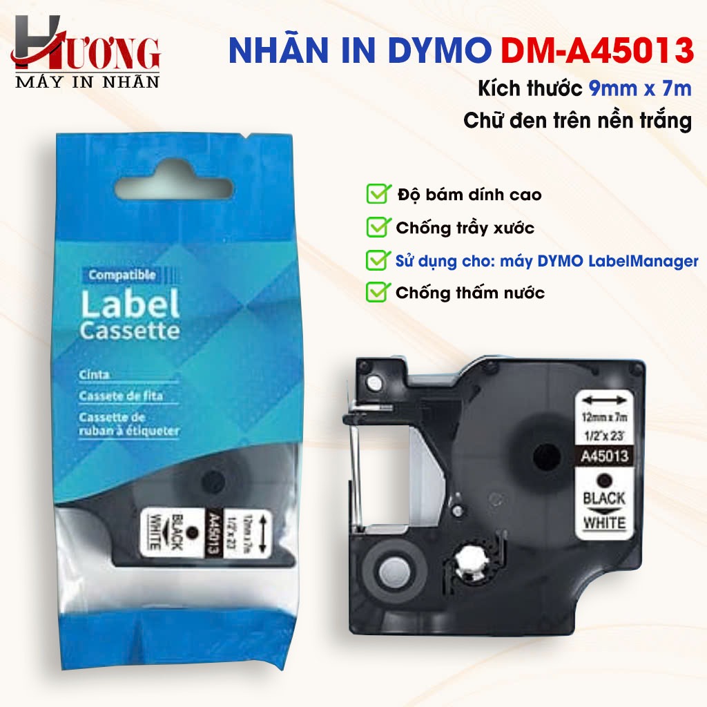 Nhãn D1 DM-A45013 - 12mm I Chữ Đen Nền Trắng I SD cho máy Dymo 160/210D ...