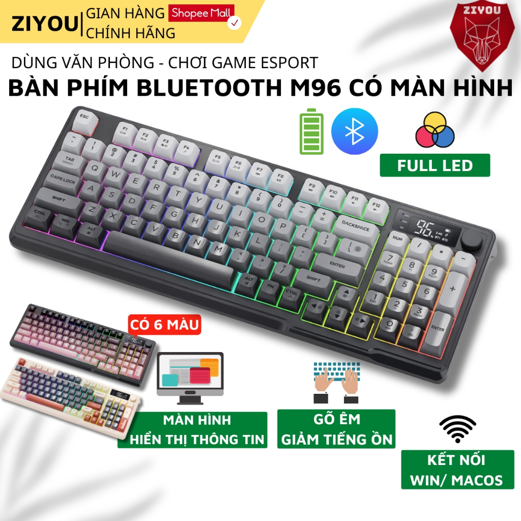Bàn Phím Gaming Không Dây Bluetooth Ziyou M96 Có LED 2 Chế Độ Kết Nối Cho Máy Tính, Laptop Tích ...