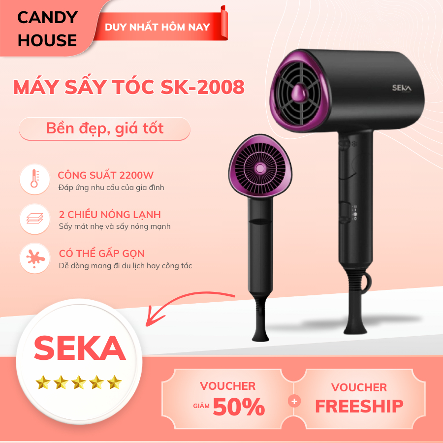 Máy sấy tóc Seka SK2008 công suất 2200W mini gấp gọn cao cấp, sấy tạo ...
