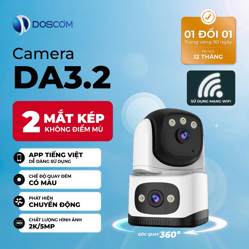 Camera wifi Doscom DA3.2, camera 2 mắt kép 5MP, giám sát toàn cảnh xoay 360°, cảnh báo chuyển ...
