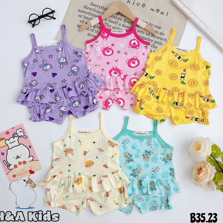 [Bé 7-21kg] Bộ 2 dây quần bí viền màu lai bèo thun lạnh in hình Minky Mom cho bé gái đi học đi ...