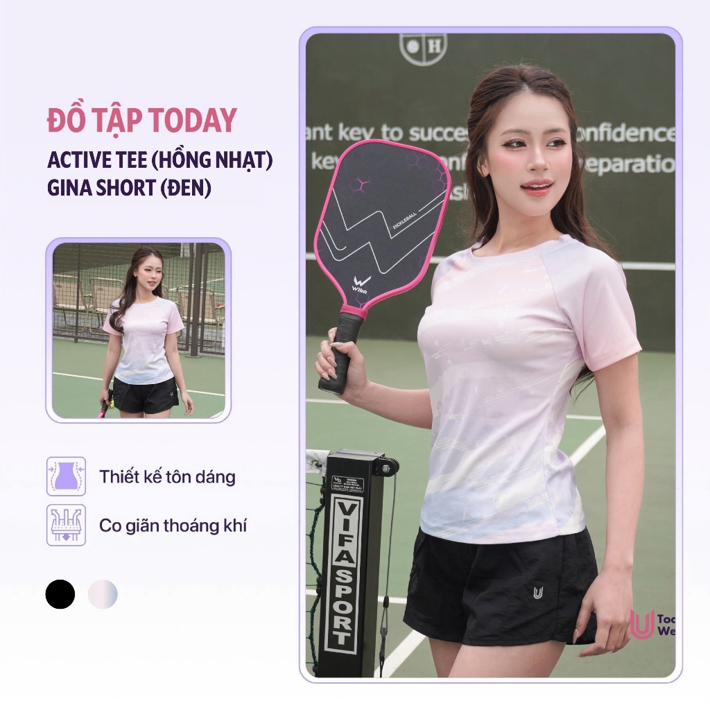 Set đồ thể thao nữ tập picklebal áo Active Tee hồng nhạt mix quần Gina Short đen Today U Wear ...