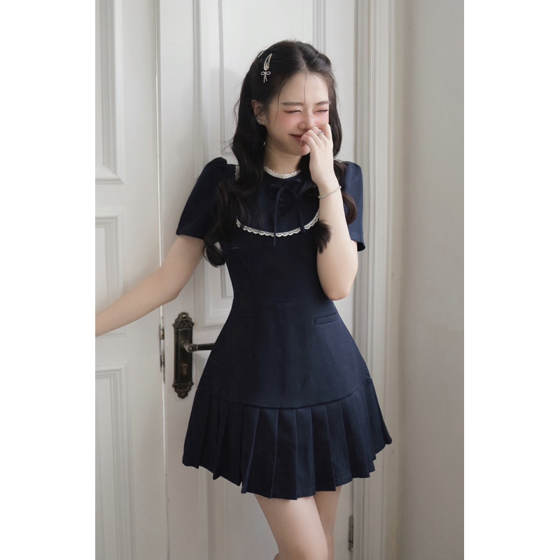 Váy xếp ly phối viền ren điểm cúc nơ ngực chất chéo ý cao cấp, Đầm nữ ...