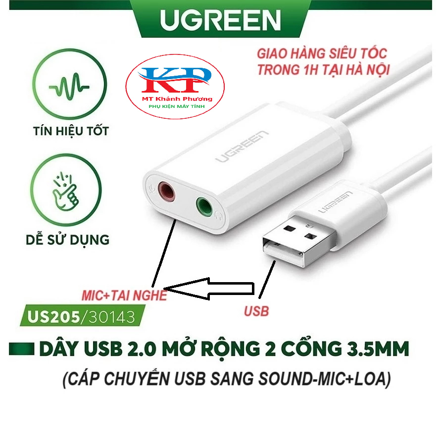 Cáp chuyển USB ra Sound UGREEN 30143 (USB Sang Headphone và Microphone ...