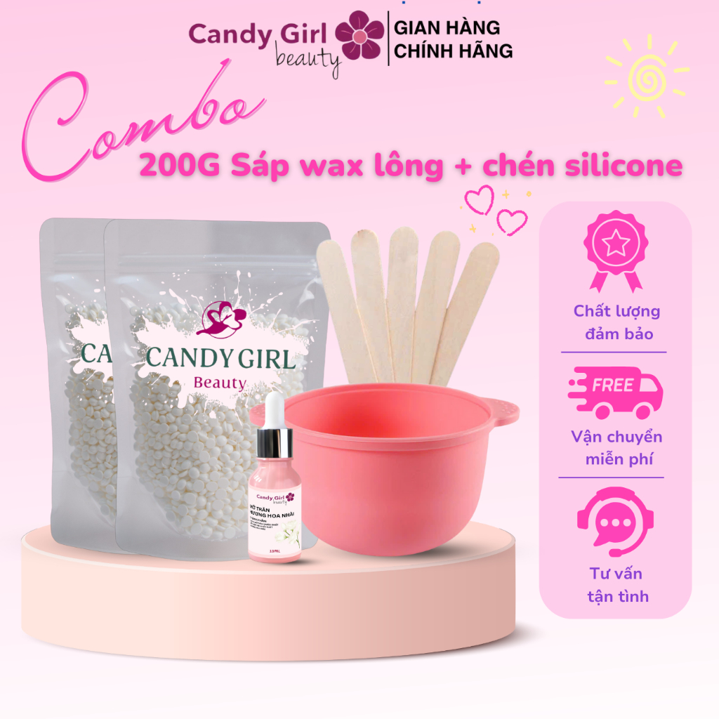 COMBO 200gr Sáp Wax Lông nóng + Chén silicone + Mỡ Trăn CANDY GIRL BEAUTY Cao cấp Tặng kèm que ...