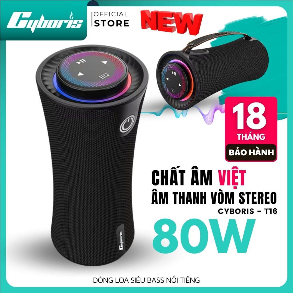 Loa Bluetooth CYBORIS T16 Âm Thanh Vòm 80W Bass Mạnh, Chống nước IPX5, Hỗ Trợ TWS, USB ,TF, AUX ...