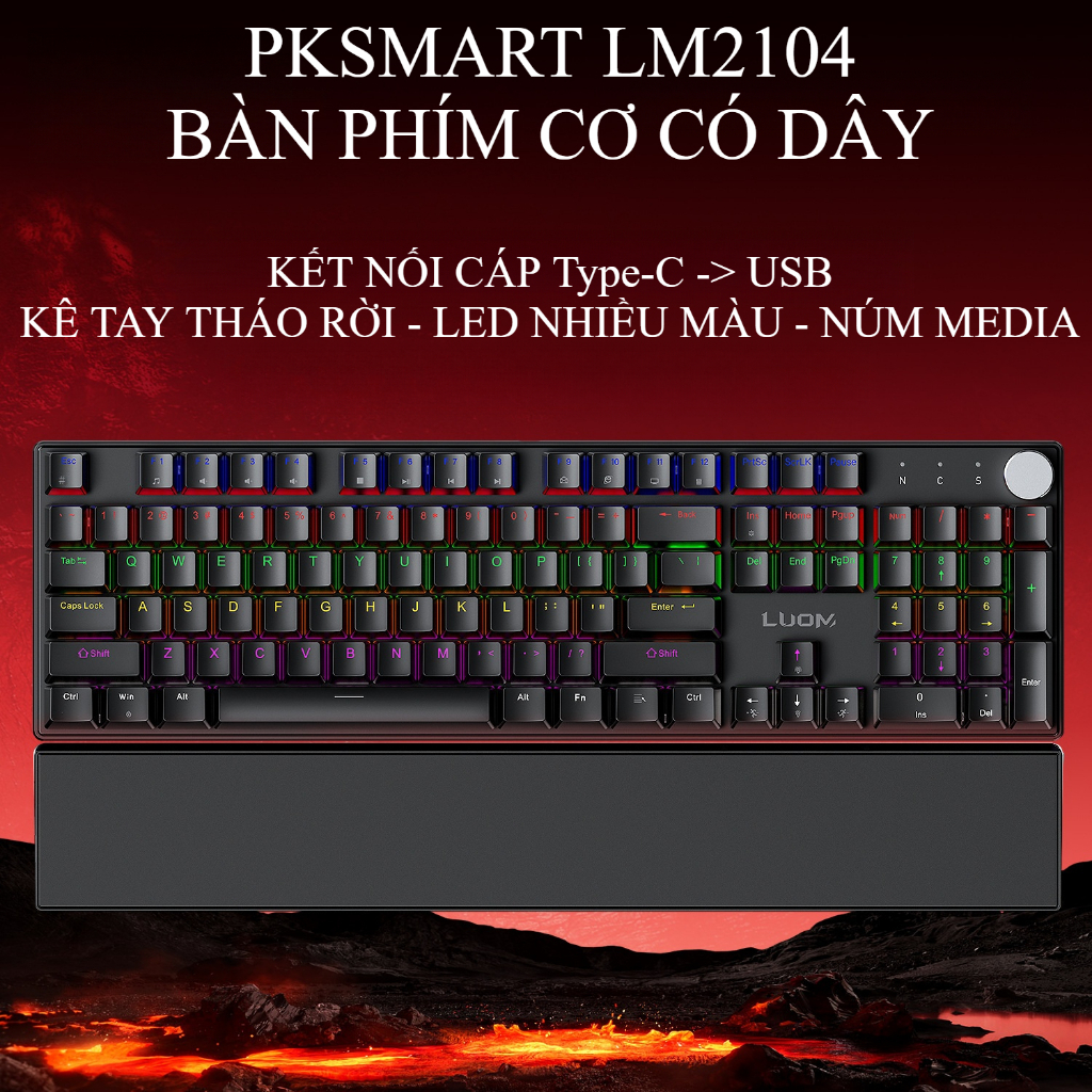 Bàn Phím Cơ Có Dây Tháo Rời - PKSMART LM2104 - LED 17 Hiệu Ứng - Kê Tay Tháo Rời - Núm Đa Năng ...