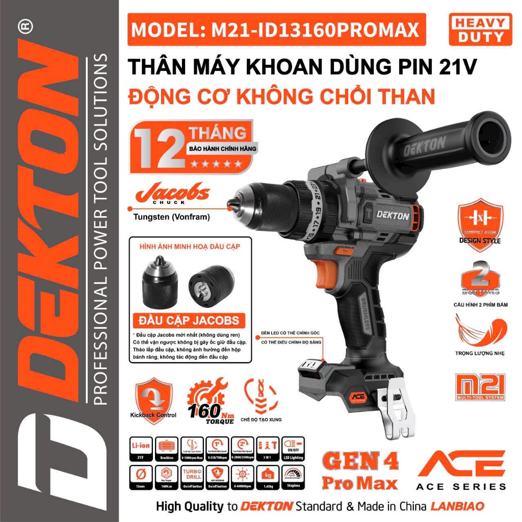 Máy khoan pin DEKTON M21-ID13160PROMAX, 3 Chức năng Không chổi than ...