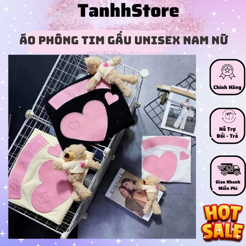 [Tặng gấu BB3] Áo Thun Gấu Tim Unisex Nam Nữ Đều Mặc Đẹp, Áo Phông demarzo, Cổ Tròn Chất Cotton ...