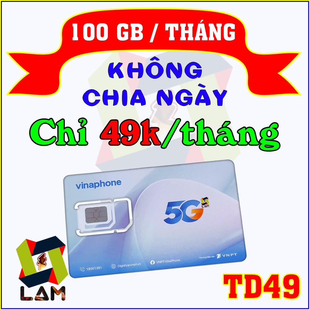 (Chọn Số Đẹp) Sim 4G 5G Vinaphone TD49 (100GB/Tháng) - Có eSIM. Gia Hạn Cực Rẻ chỉ 49k/Tháng ...