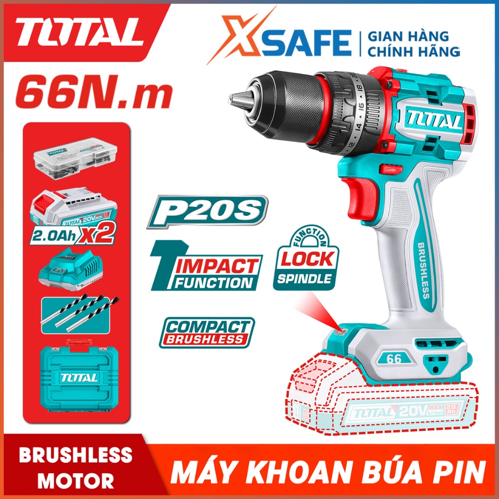 Máy Khoan Búa Pin Lithium Ion 20V TOTAL momen xoắn - 66Nm không chổi than - CHÍNH HÃNG, XSAFE ...