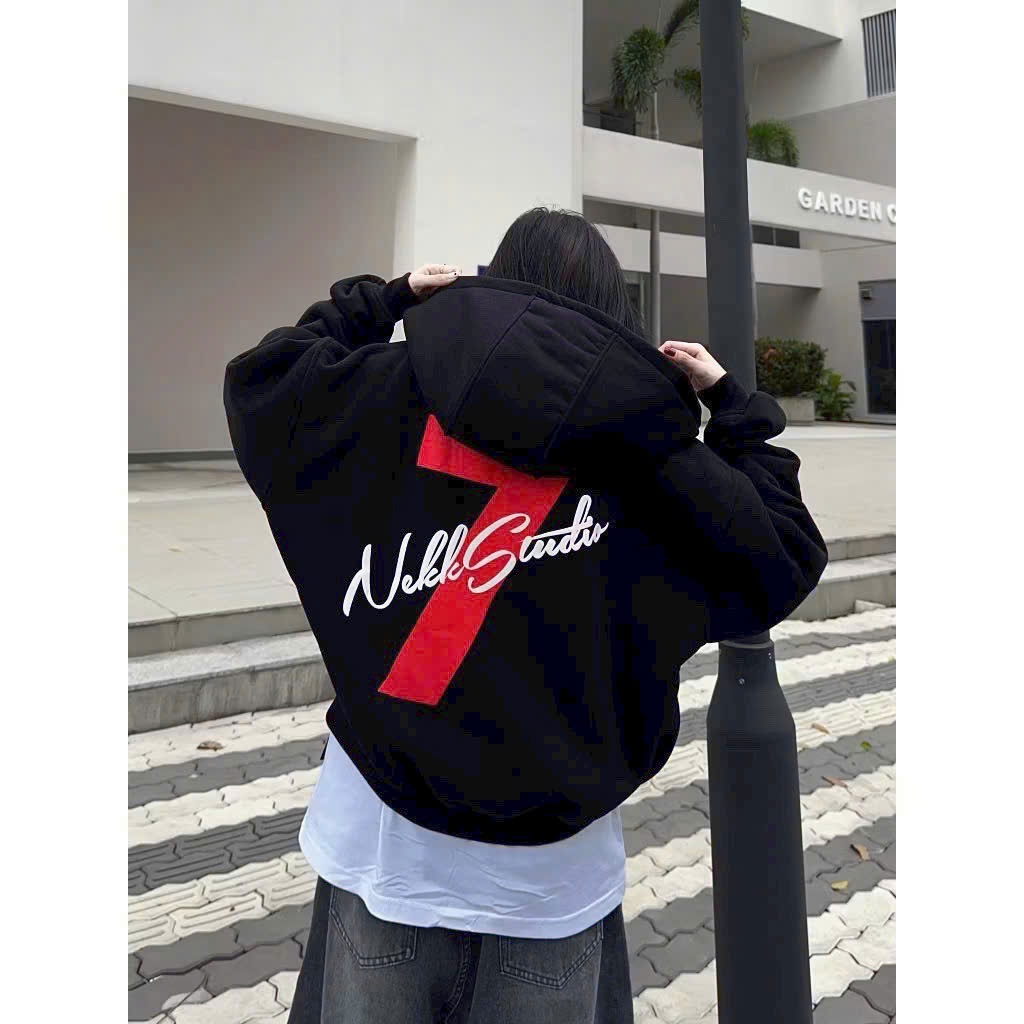 HOODIE ZIP BOXY VER2- Áo khoác dây kéo nỉ 2 da thêu đắp vải số 7 ...