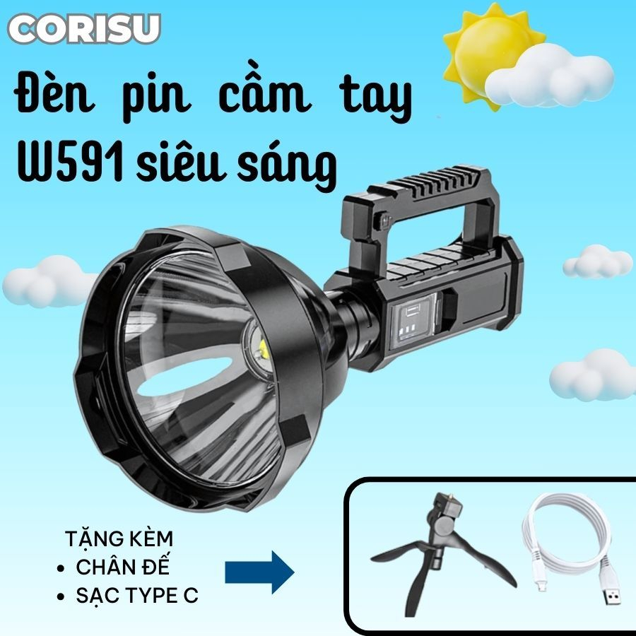 Đèn Pin Siêu Sáng CORISU W591 Chiếu Xa 500m Có Chân Đế, 4 Chế Độ Tích, Hợp Sạc Dự Phòng, Sử Dụng ...