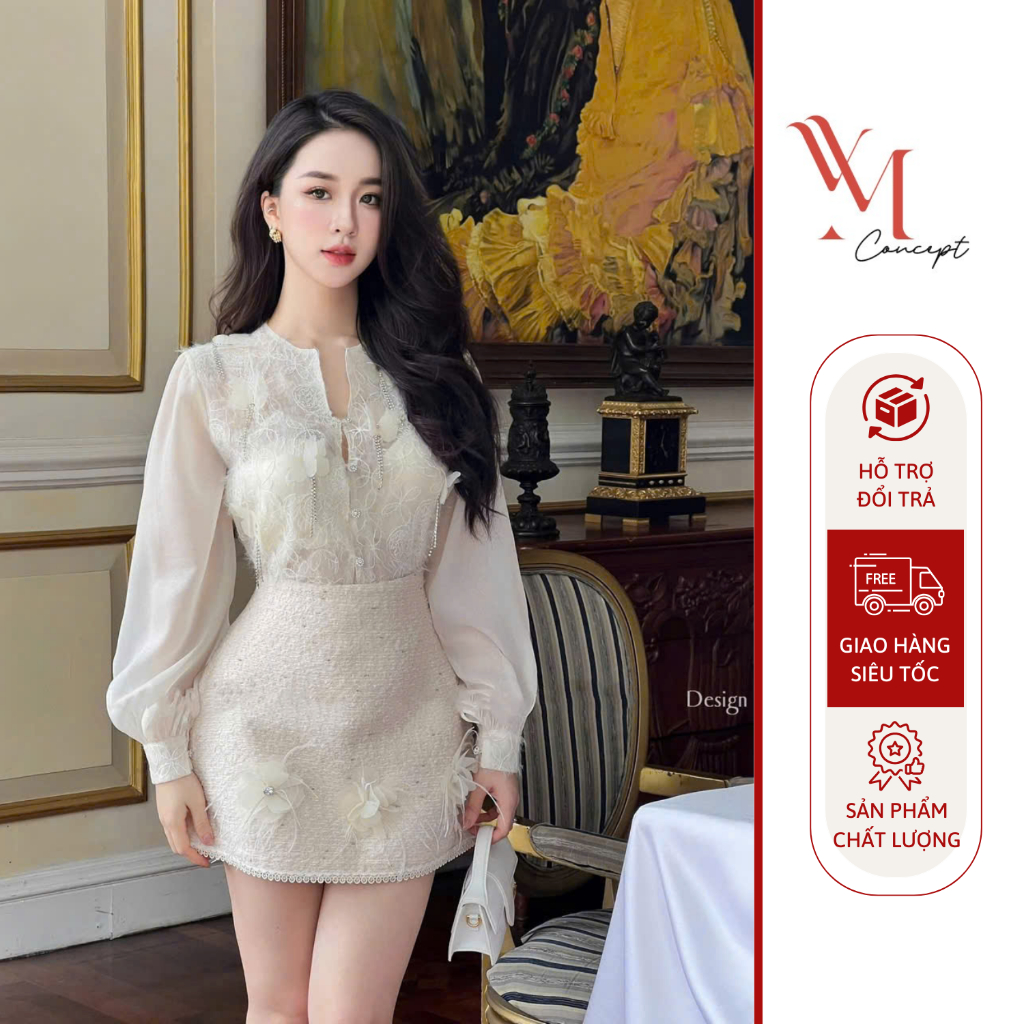 YM Concept Sét Áo Ren Lông Tay Phồng Phối Chân Váy Ngắn Dáng A - Màu Be Kem - Đủ Size S/M/L ...