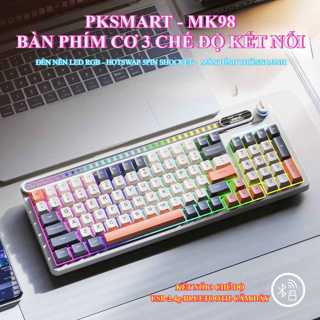 Bàn Phím Cơ 3 Chế Độ Kết Nối - PKSMART MK98 - LED RGB - Màn Hình Màu LCD - Anti-Ghosting Full ...