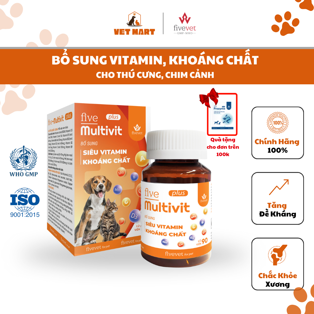 [Lọ 90 viên] Five-multivit (PLUS) - Bổ Sung Siêu Vitamin Và Khoáng Chất Cho Thú Cưng, Gà đá ...