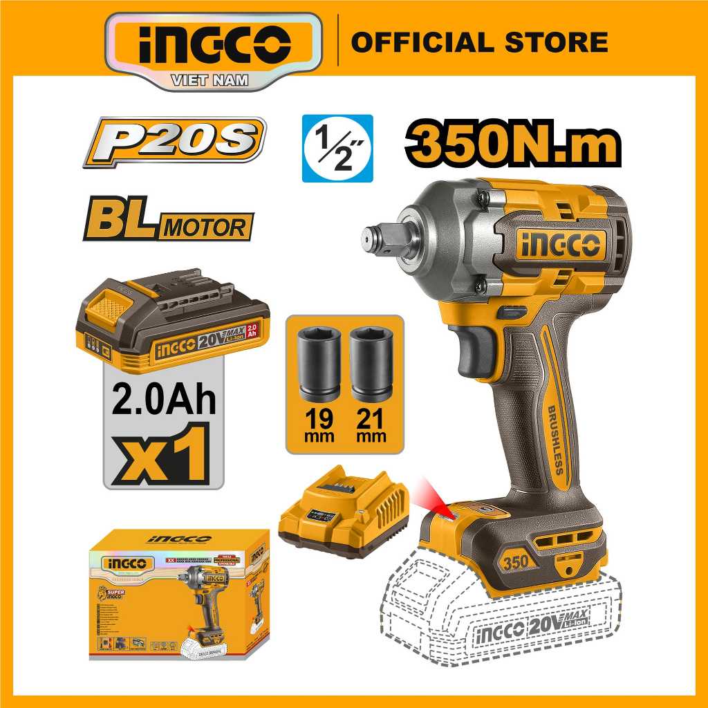 Máy siết bu lông pin 20V INGCO CIWLI20351 motor không chổi than, lực siết 350Nm trục 1/2" kèm ...