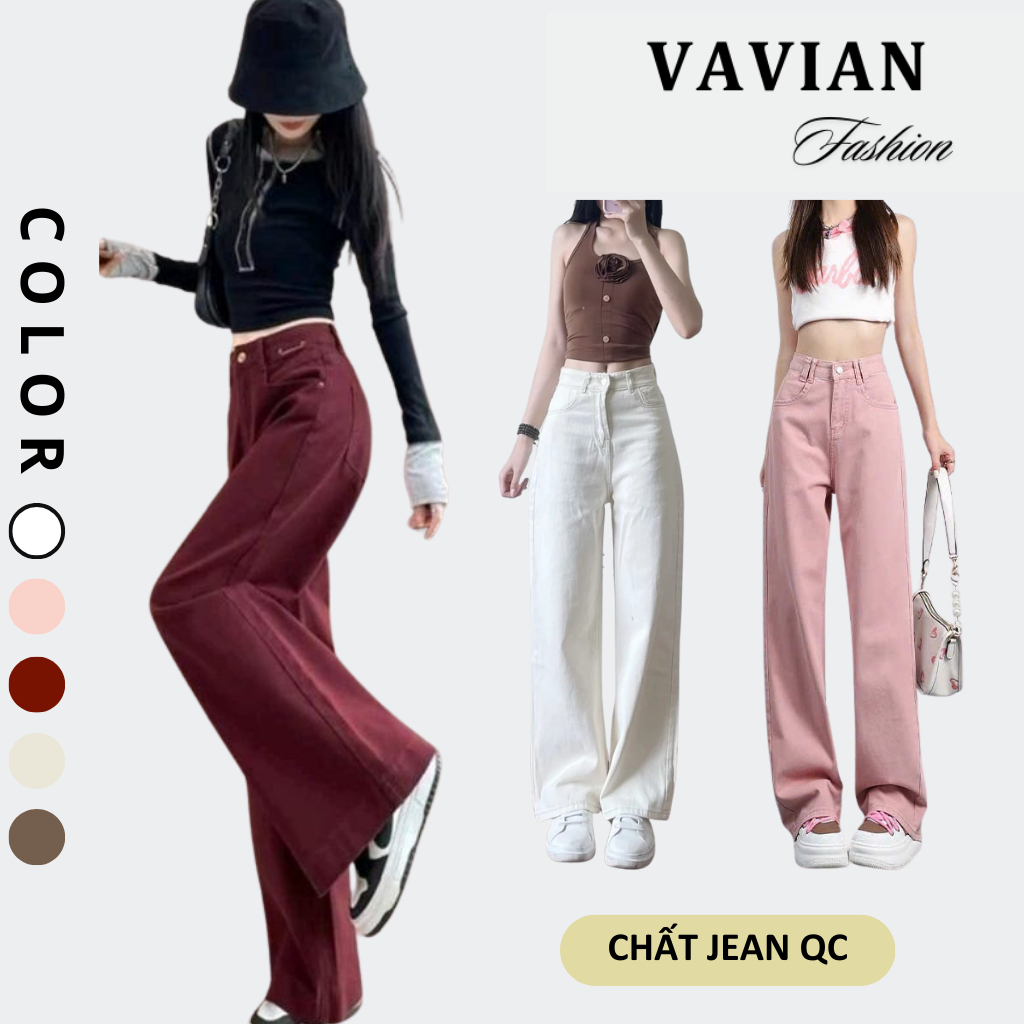 Quần JEAN nữ chất Jean QC ống suông trơn dáng dài Basic lưng cao hách ...