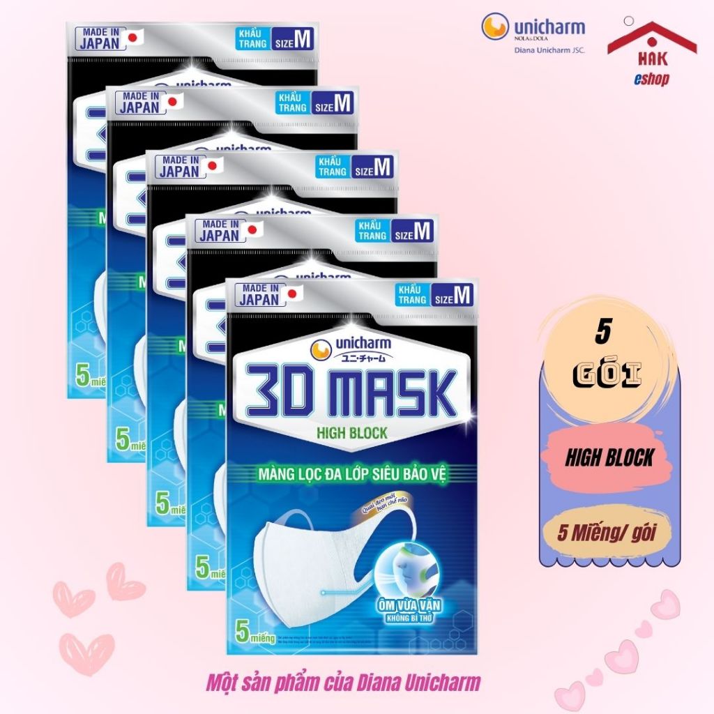 Bộ 5 Khẩu trang Unicharm 3D Mask High Block siêu bảo vệ size M gói 5 ...