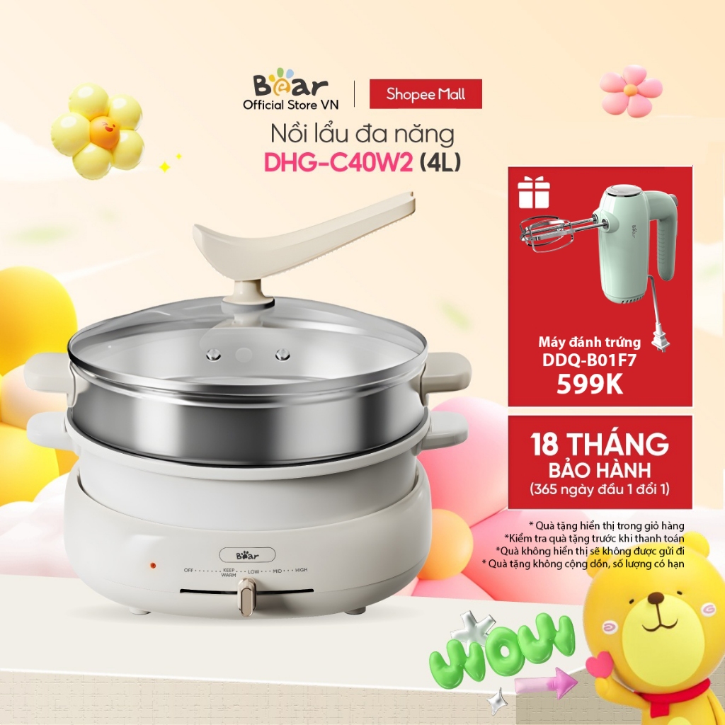 [20.3-23.3 Tặng Máy Đánh Trứng] Bộ Nồi Lẩu Nướng Bear 3 khay 3in1 DHG-C40W2 - Hàng Chính Hãng ...
