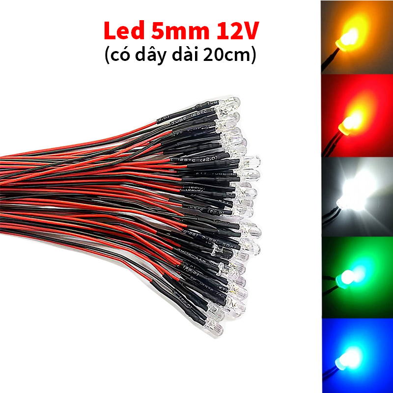 Set 10 bóng đèn led 12v 5mm có dây dài 20cm siêu sáng màu trắng, vàng ...