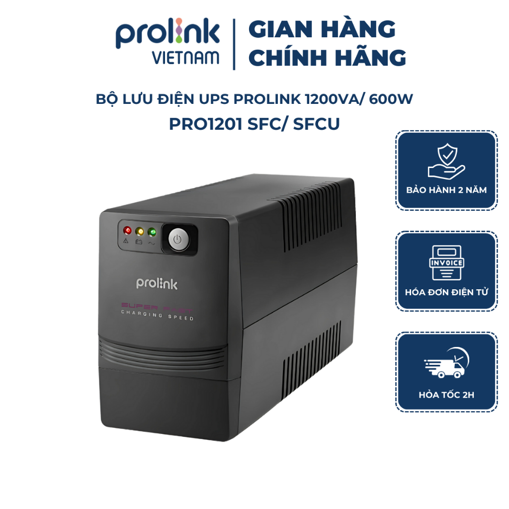 Bộ lưu điện UPS Prolink PRO1201SFC/SFCU, dung lượng 1200VA, công suất 600W, sạc siêu nhanh, dùng ...